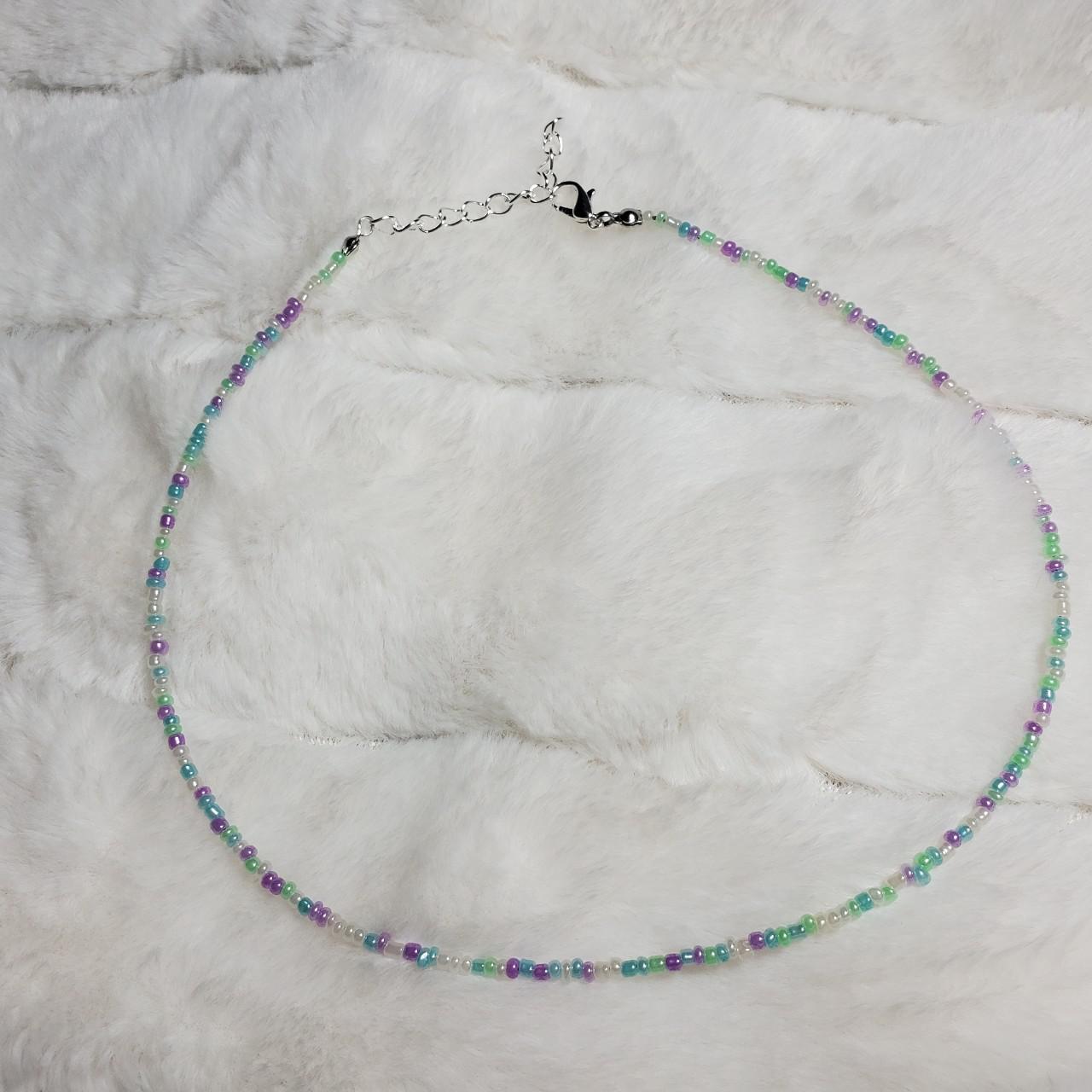 Pastel purple blue and green shiny seed bead choker... - Depop
