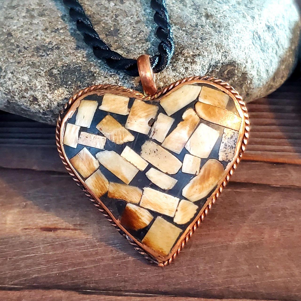 Ethnic Handcrafted India Bone Brass and Copper Heart... - Depop