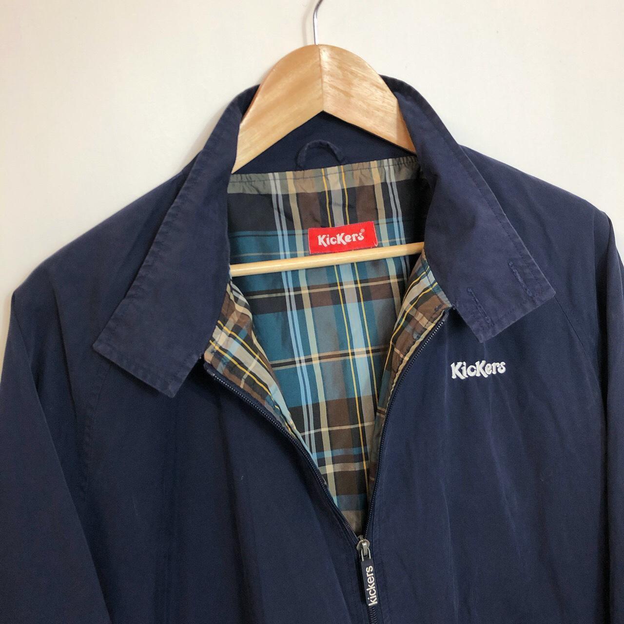 Kickers Dark Blue Harrington Jacket With Checkered... - Depop