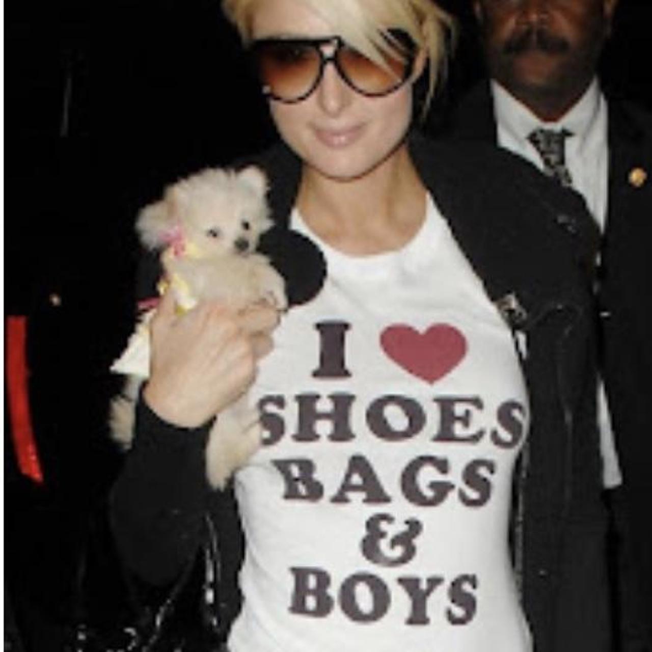 y2k baby tee based on paris hilton’s “i ️ shoes bags... - Depop