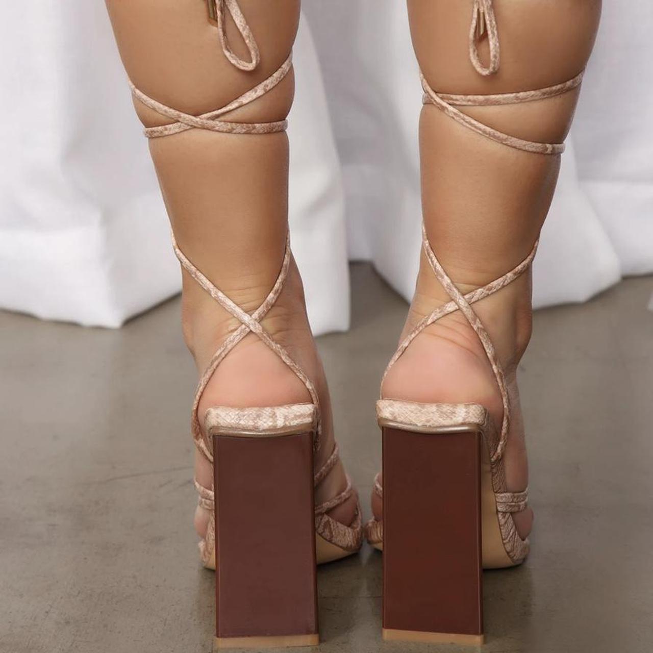 Lace Up Chunky Brown Heels Brown & Snakeskin... - Depop