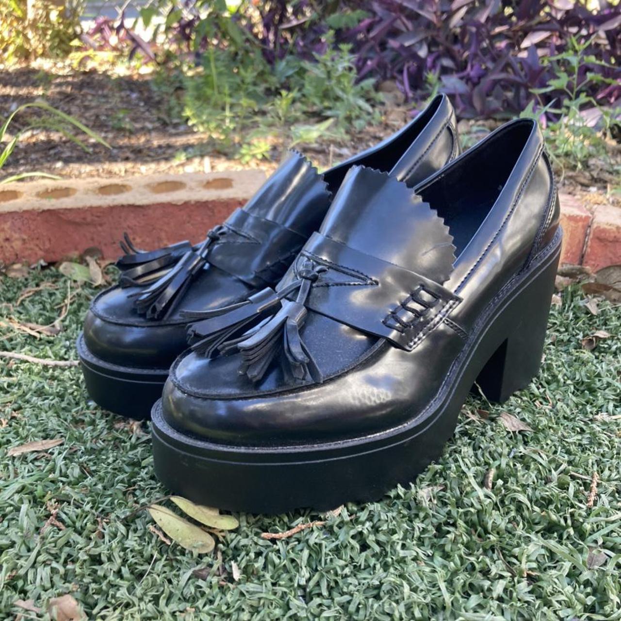 Black Leather Platform Loafer Heels Rare Mossimo Chunky - Depop