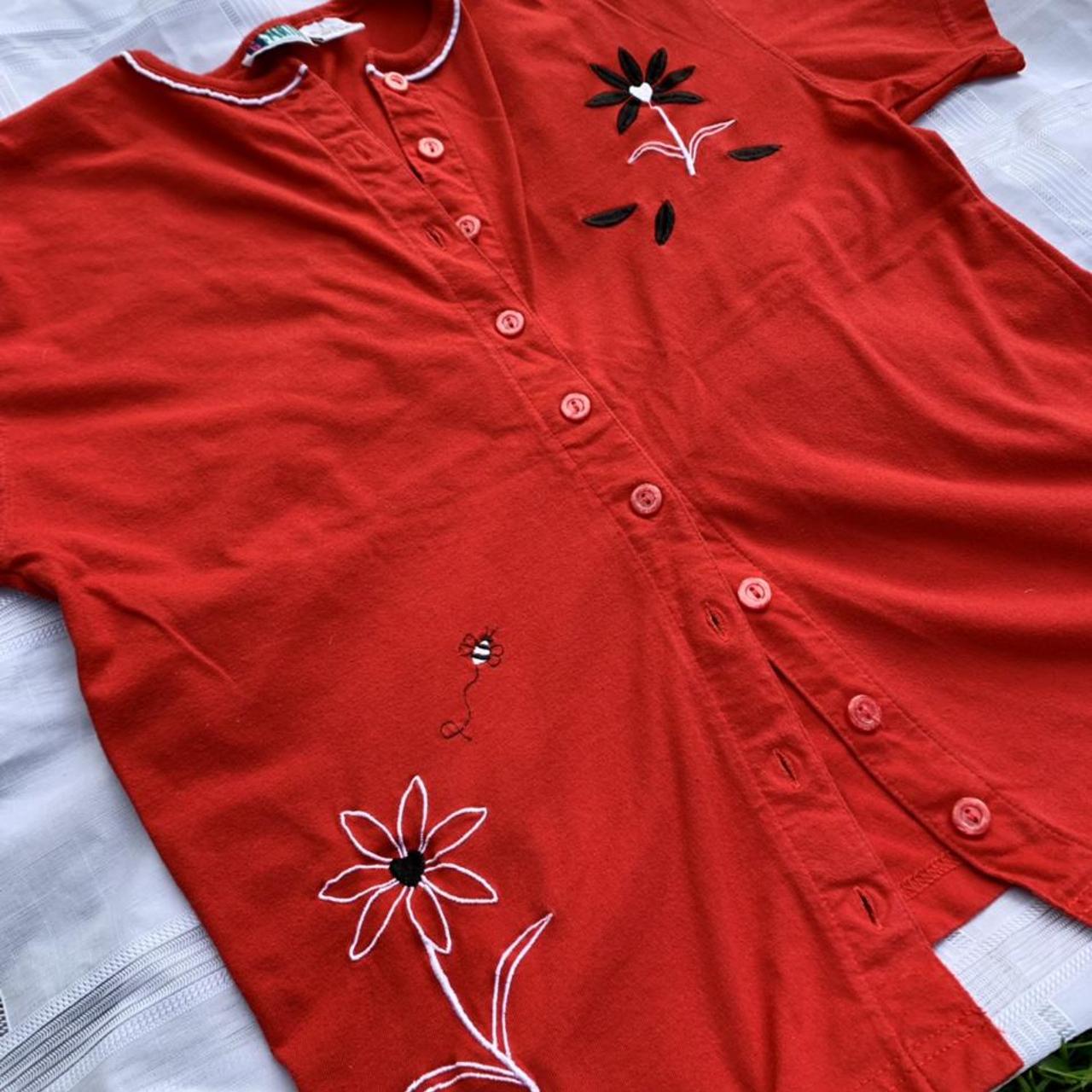 Vintage early 90s red tee button down with cute bee... - Depop