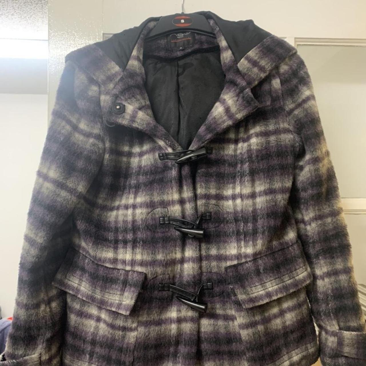 Ladies blue and white check wool coat by Nee Look - Depop