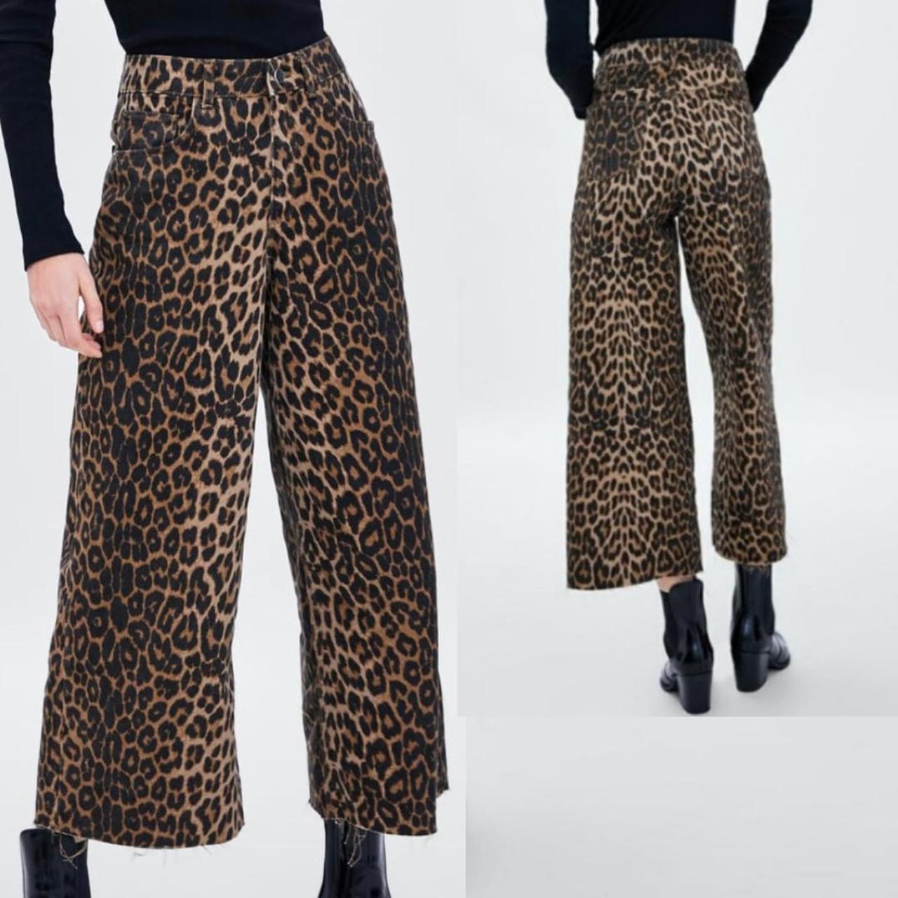 Zara Trf Leopard Print Wide Leg Culottes High Rise... - Depop