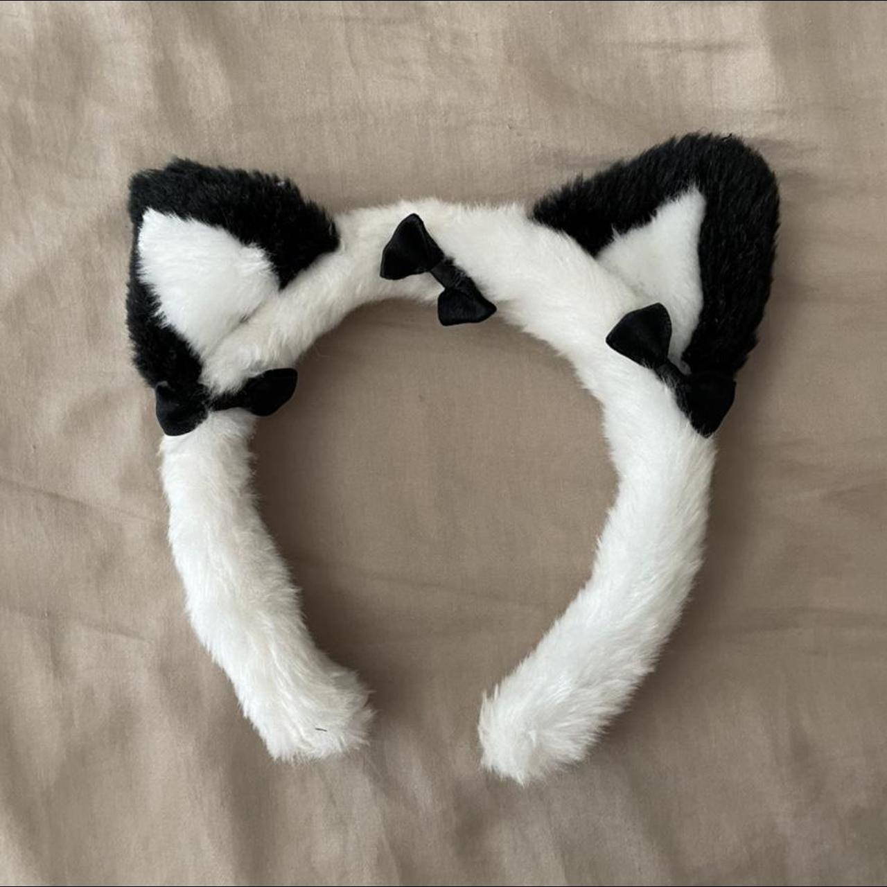 The cutest black and white cat ears headband made in... | Depop