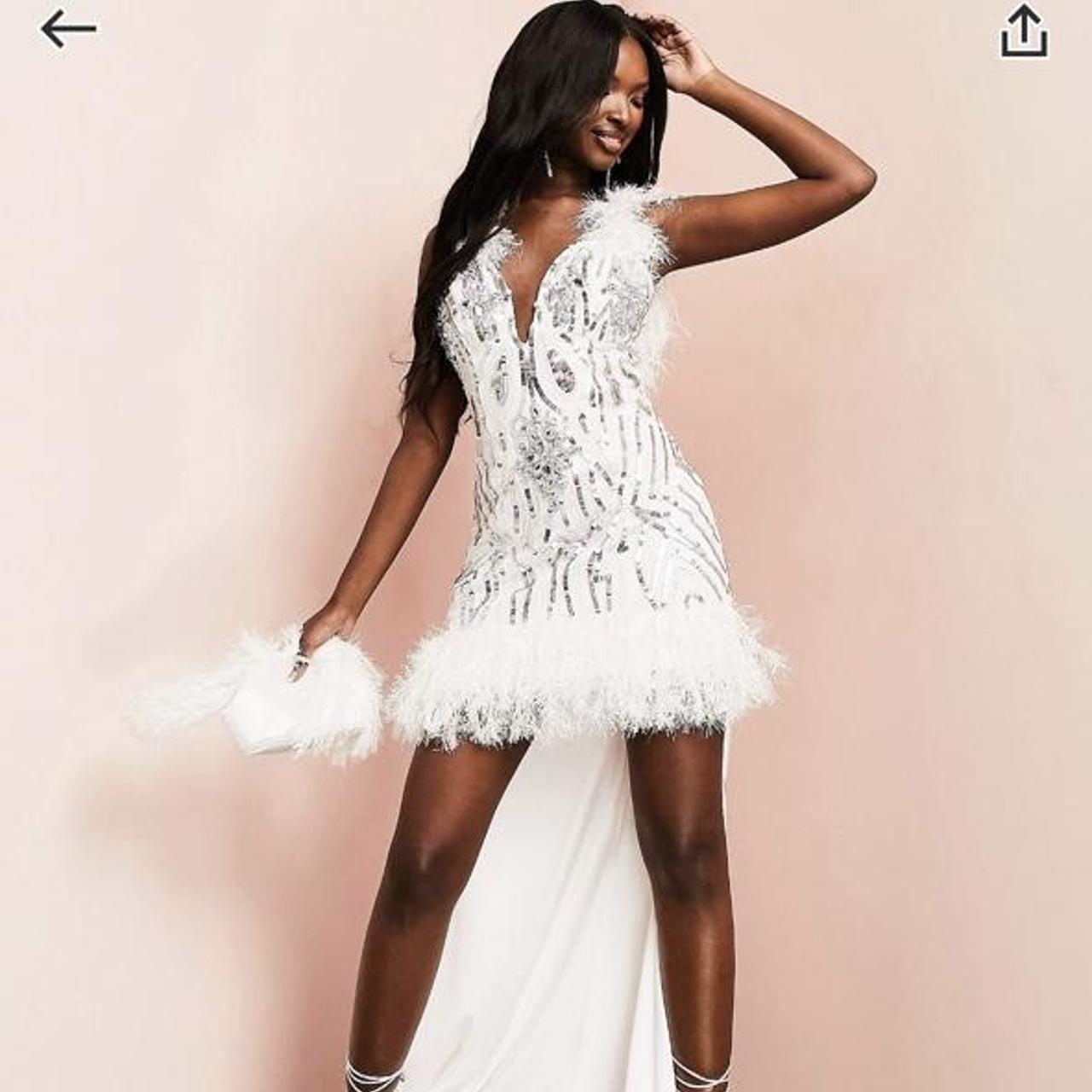 Size 6 ASOS LUXE white sequin feather dress worn... - Depop