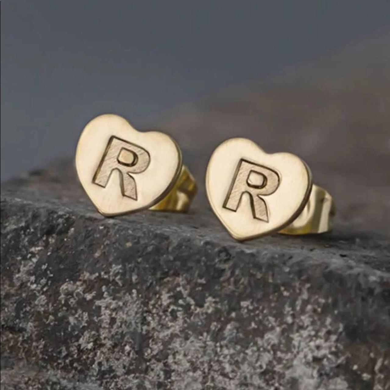 Golden Heart Letter R Stud Earrings Material:... - Depop