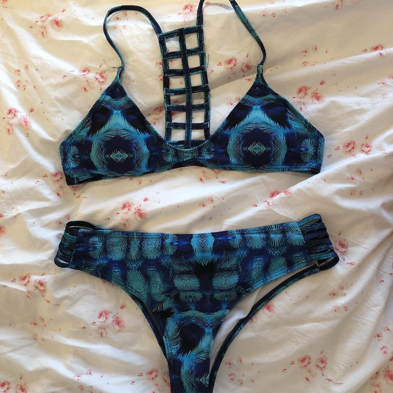 Super cute navy blue bikini with bright blue... - Depop