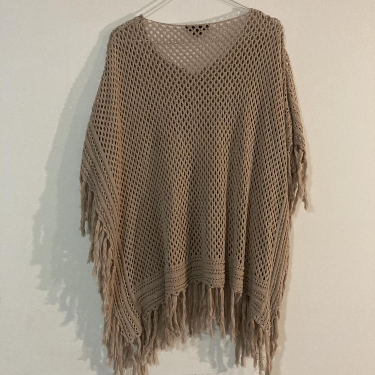 Beautiful boho style knit dark tan poncho. Has a... - Depop