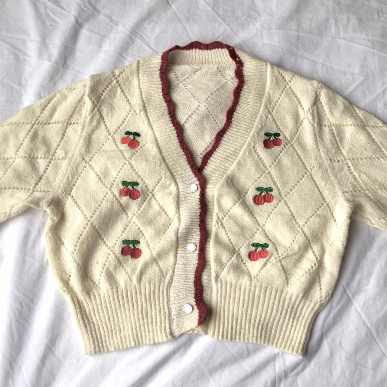Cute funky fugly knit v neck argyle cherry cardigan... - Depop