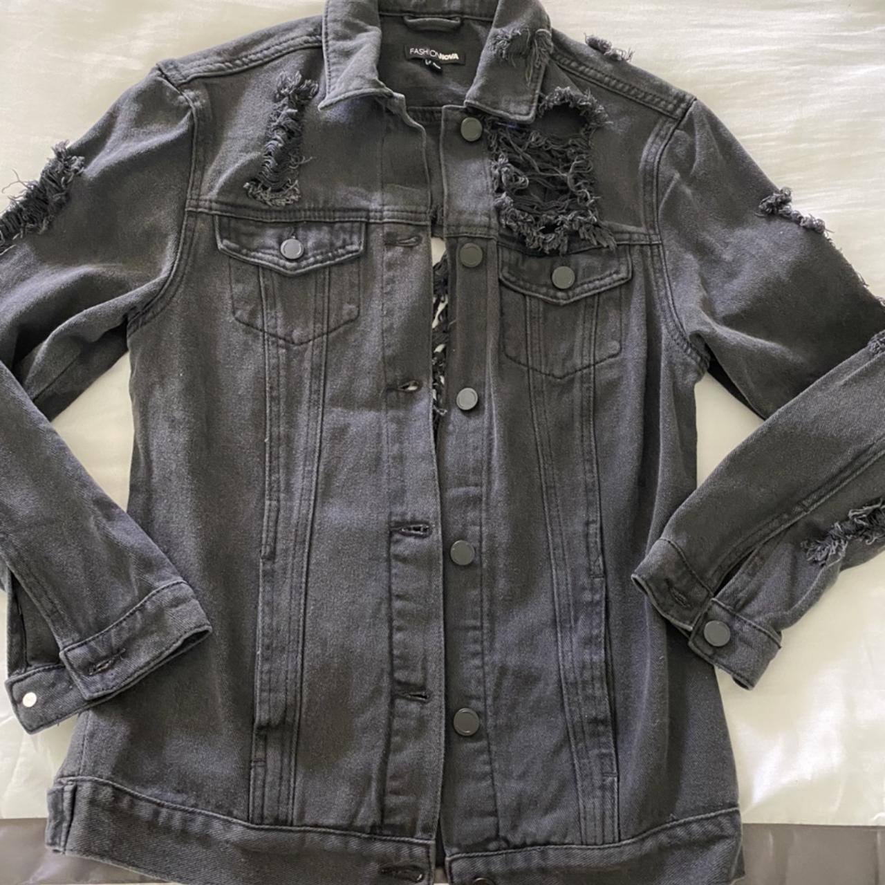 Fashionnova dusty black, ripped denim jacket Size:... - Depop