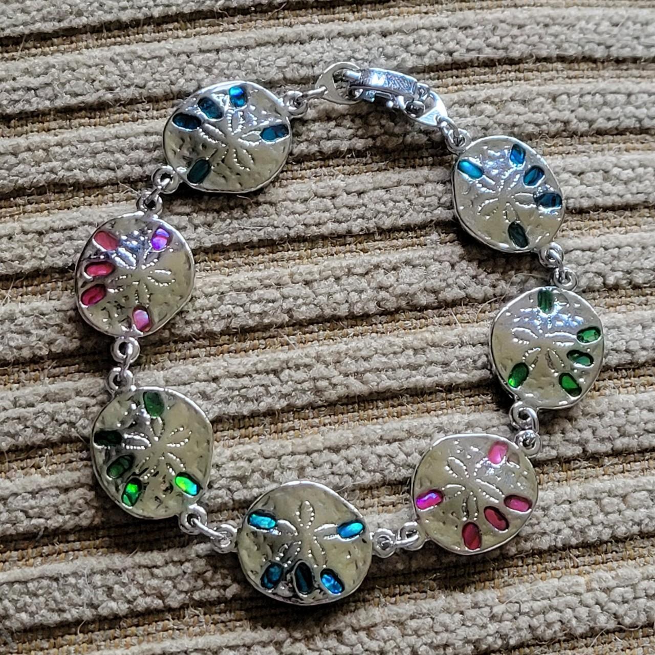 SJ Silver-toned Sand Dollar Bracelet with Pink, Blue... - Depop