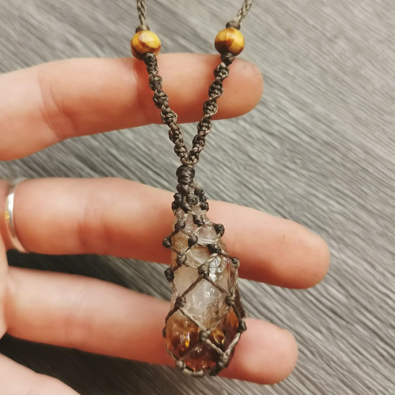 Handmade macrame crystal necklace with natural raw... - Depop