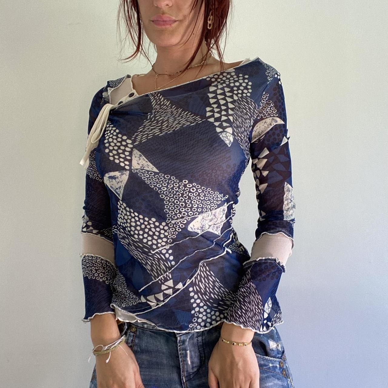 super cool double layered graphic mesh top in blue... - Depop