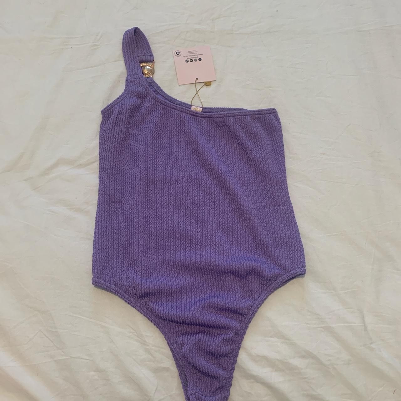 Purple moda minx scrunch one shoulder swimsuit Size... - Depop