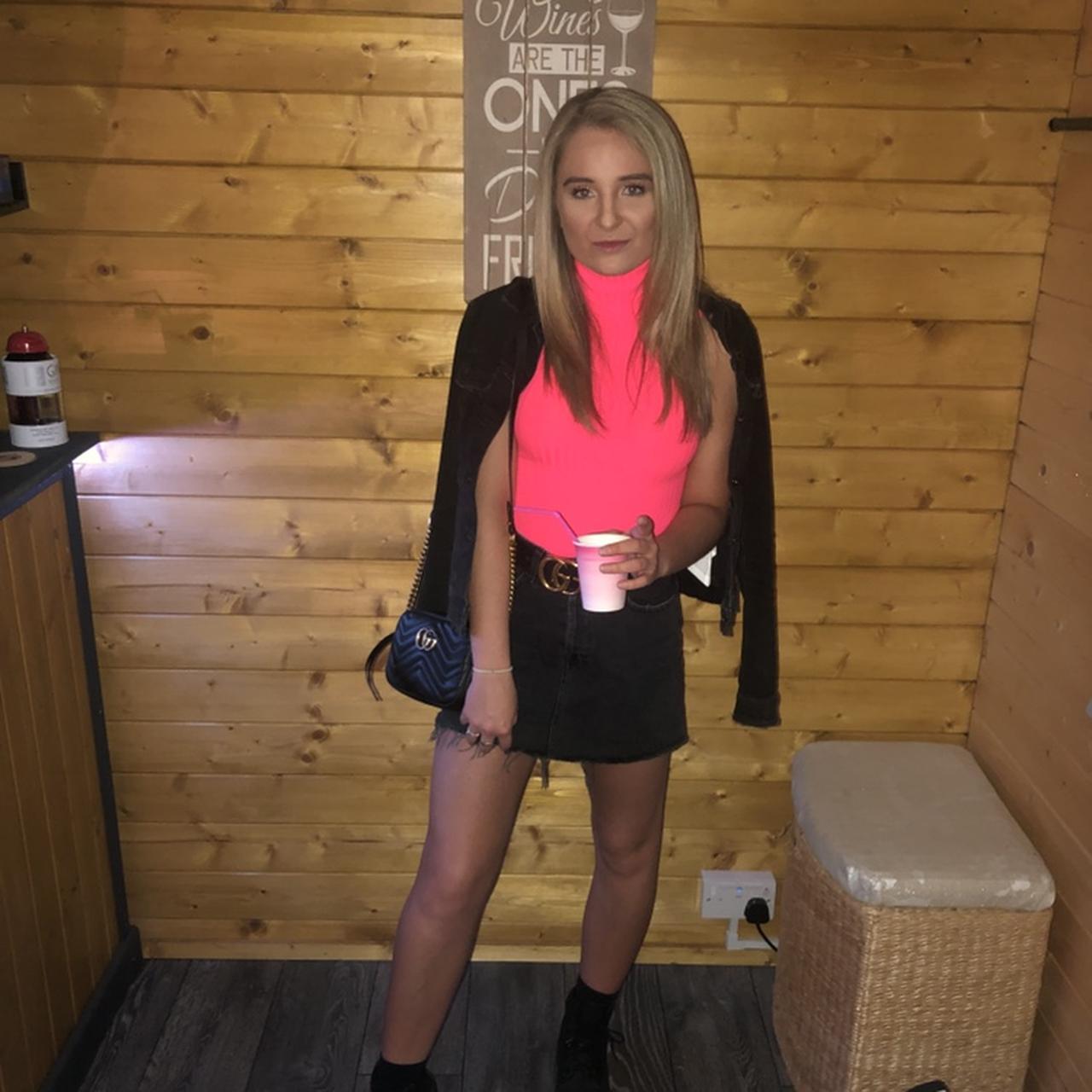 Neon pink bodysuit, roll neck bright pink worn once... - Depop