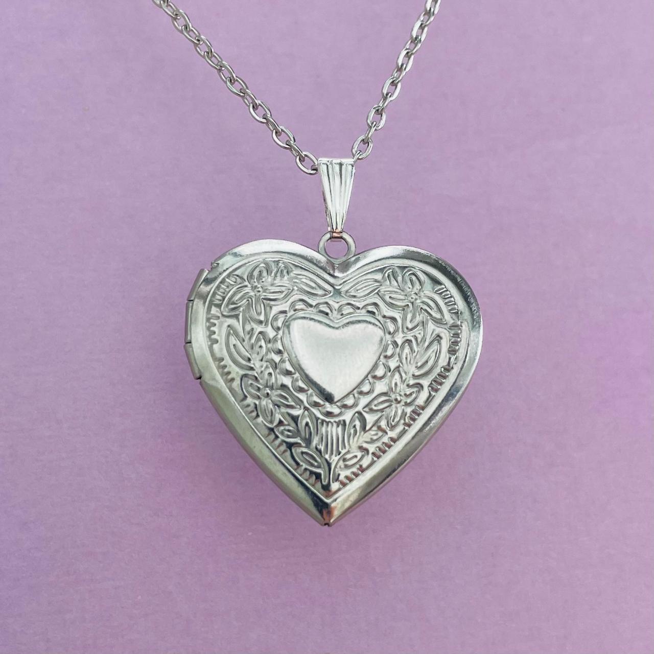 Large silver heart locket necklace with a silver... - Depop