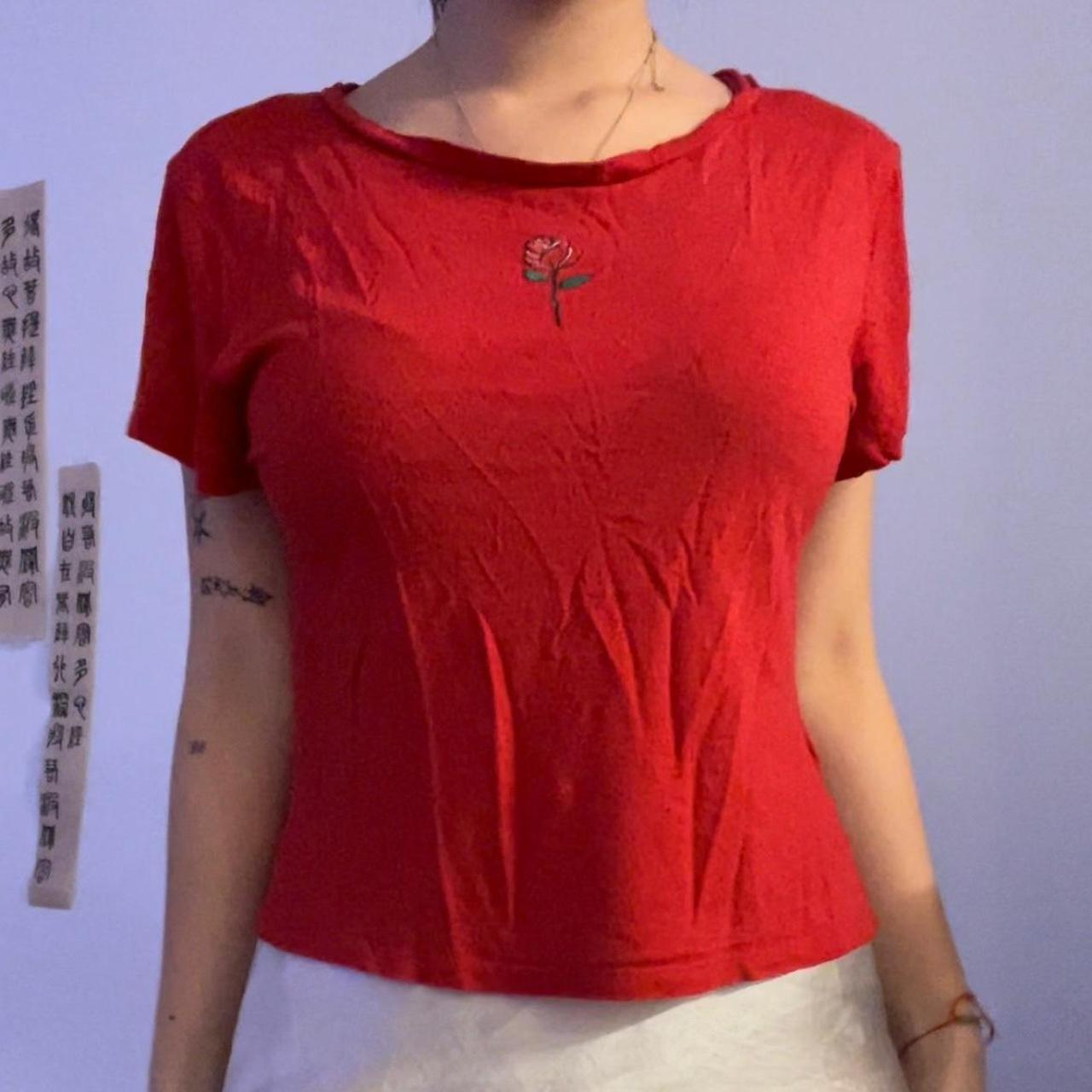 Red cropped tee with rose embroidery ️ - Depop