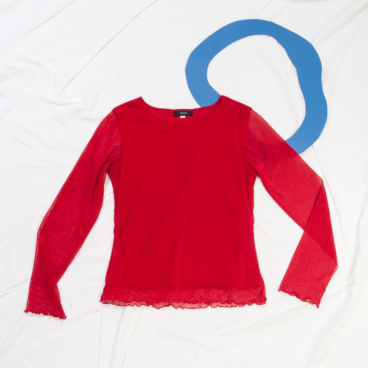 Y2K vintage red mesh top with sheer sleeves and an... - Depop