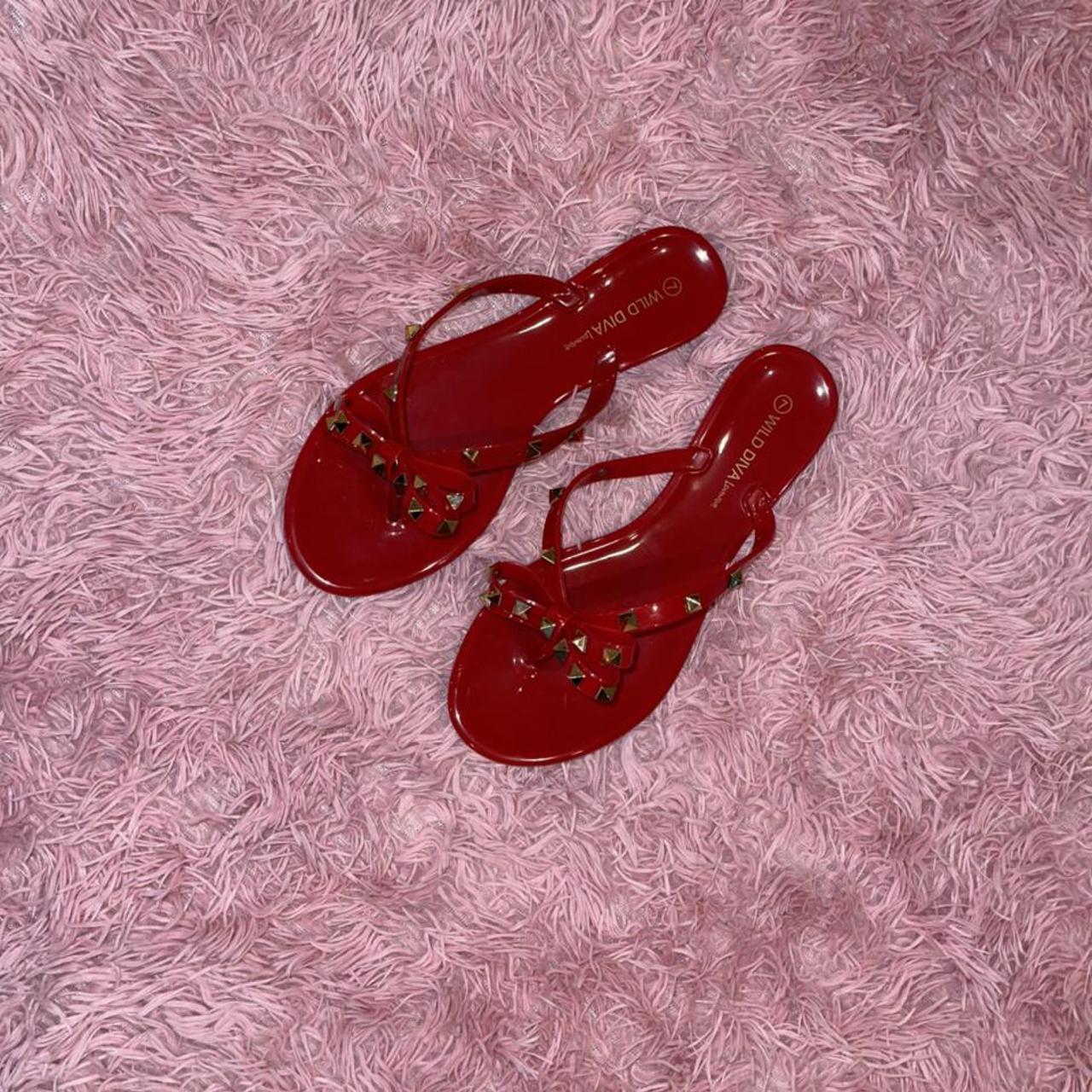 Red Studded Sandals - worn once, jelly material,... - Depop