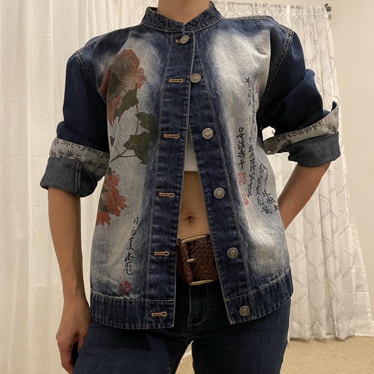 Denim Jacket Jean Jacket With Roses On One Side And Depop
