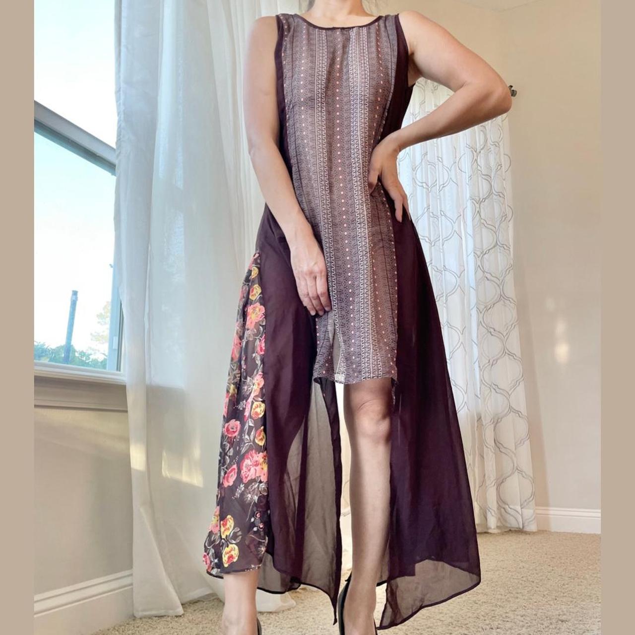 Sheer brown dress with printed floral and mini... - Depop