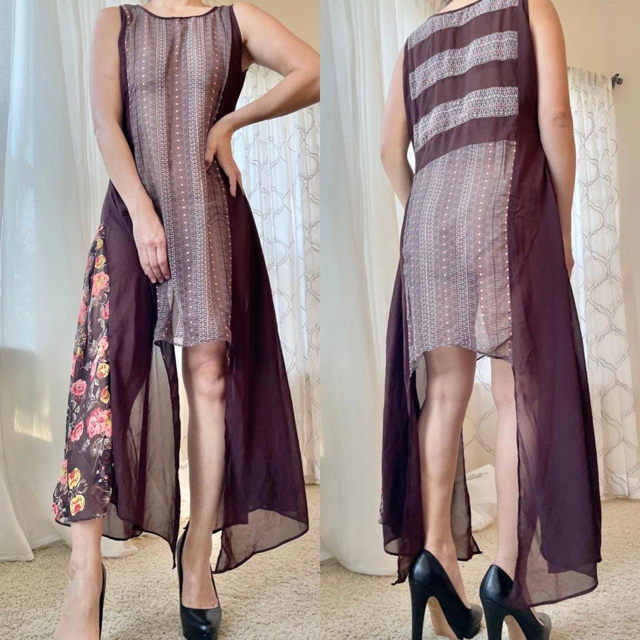 Sheer brown dress with printed floral and mini... - Depop