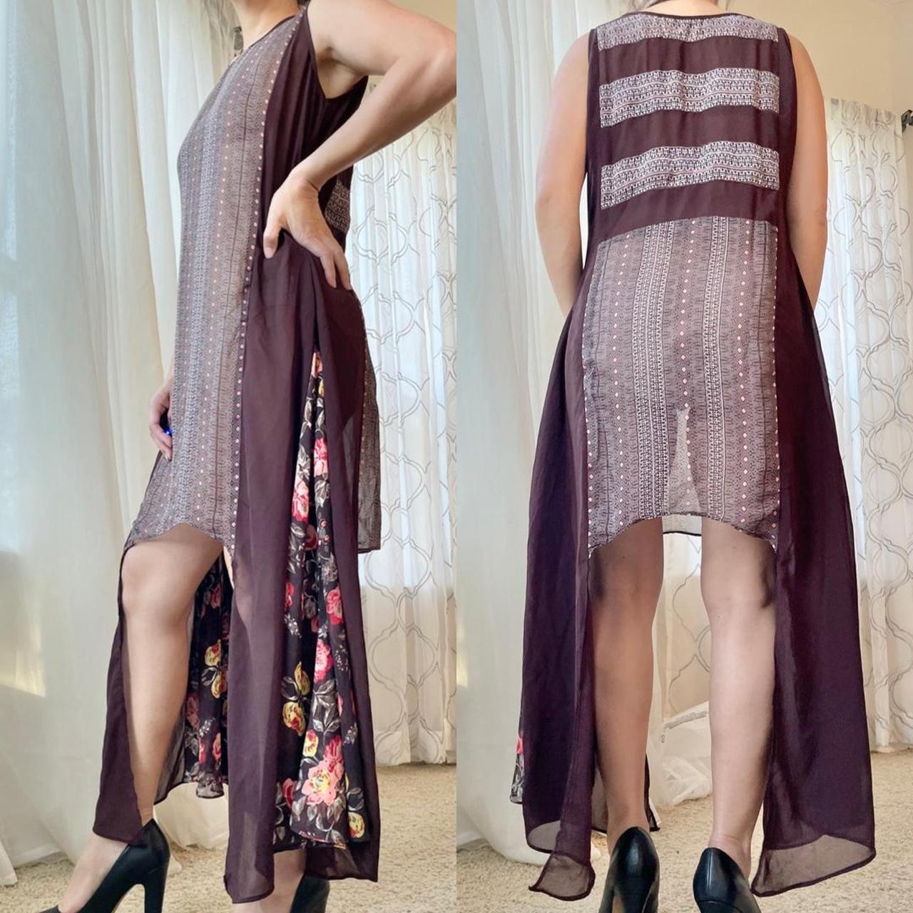 Sheer brown dress with printed floral and mini... - Depop