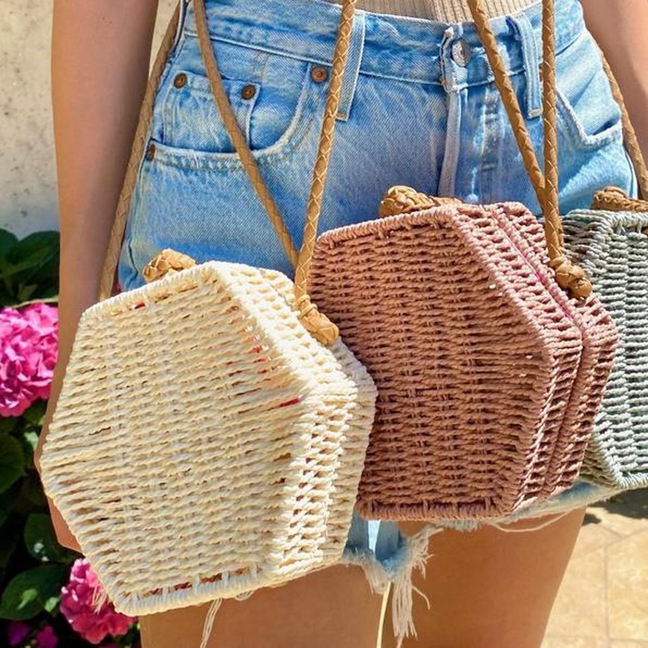 White Hexagon Straw Bag🕊 Features a cloth floral... - Depop