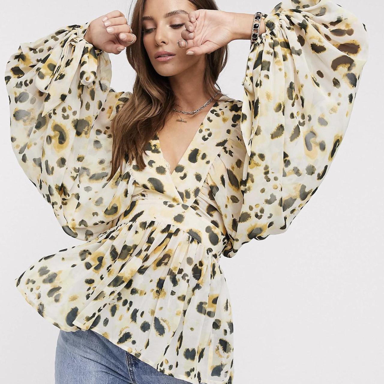 ASOS Animal print v neck sheer top with volume... - Depop