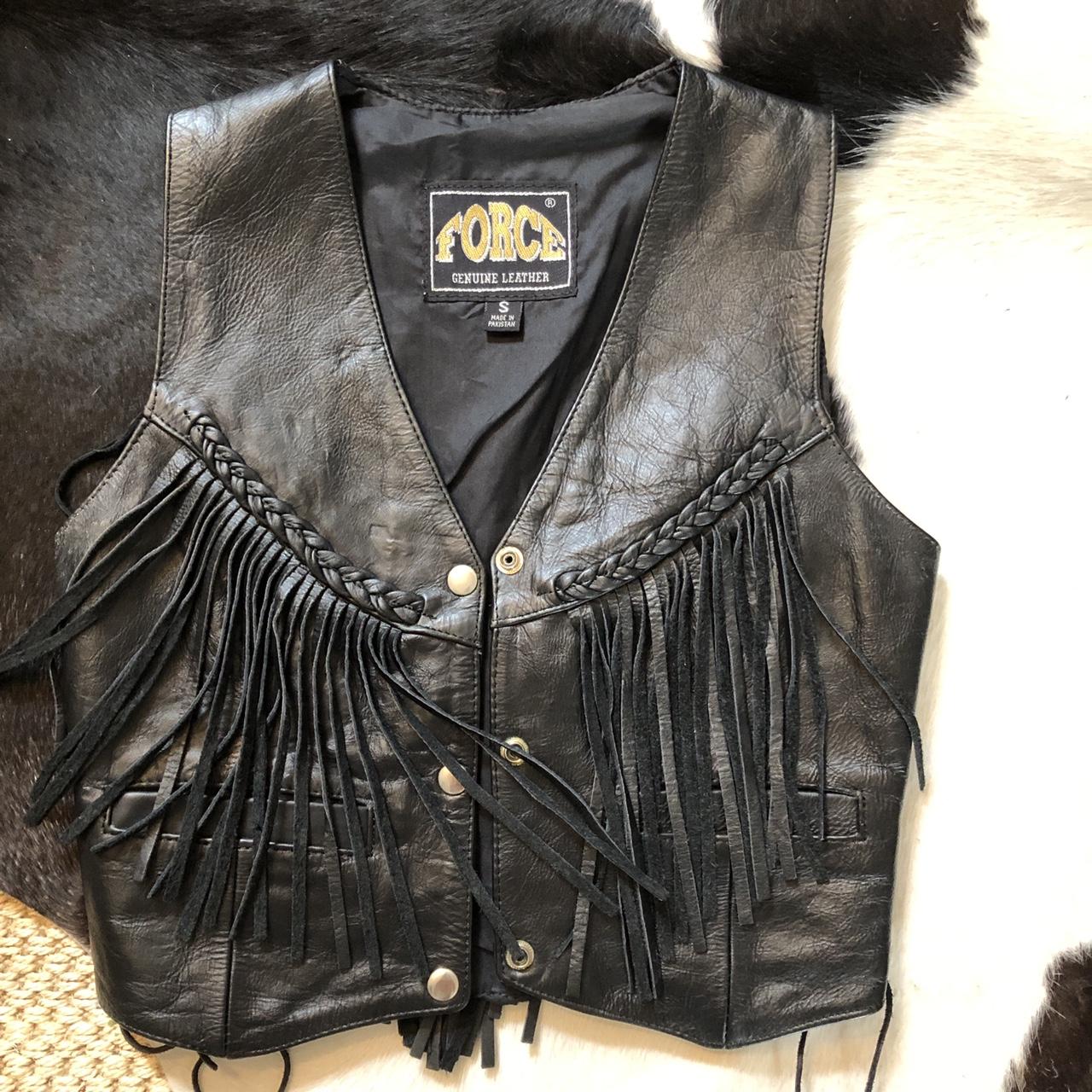 Genuine black leather fringe vest with silver detailing - Depop