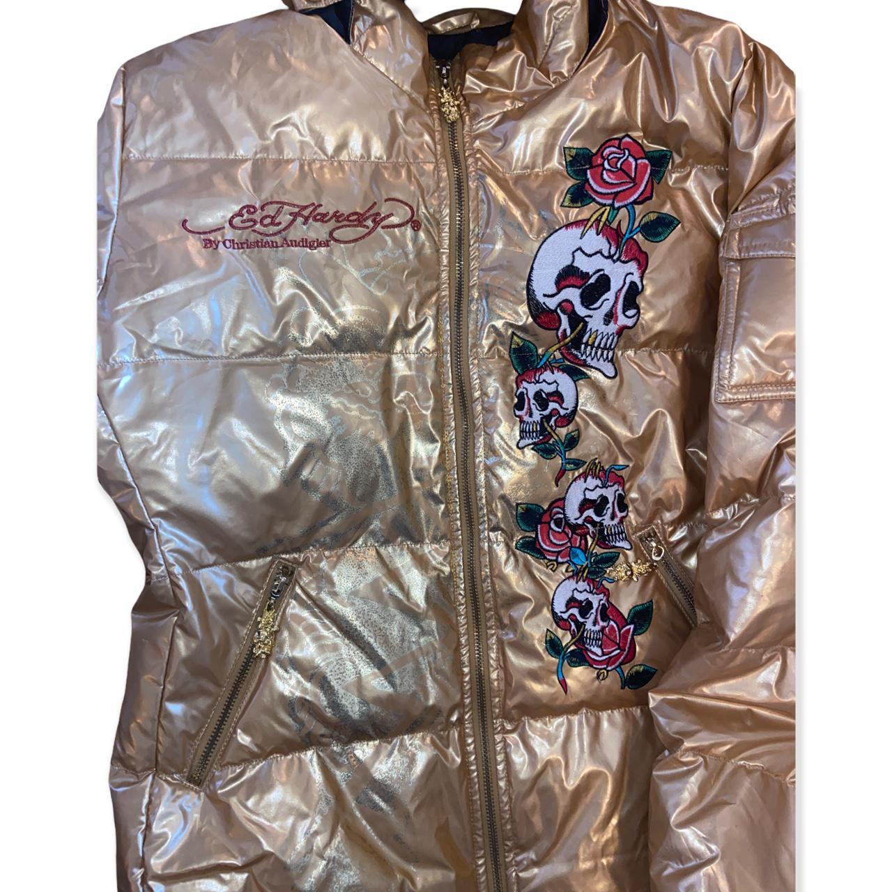 Rare Ed hardy gold puffer jacket Embroidered... - Depop