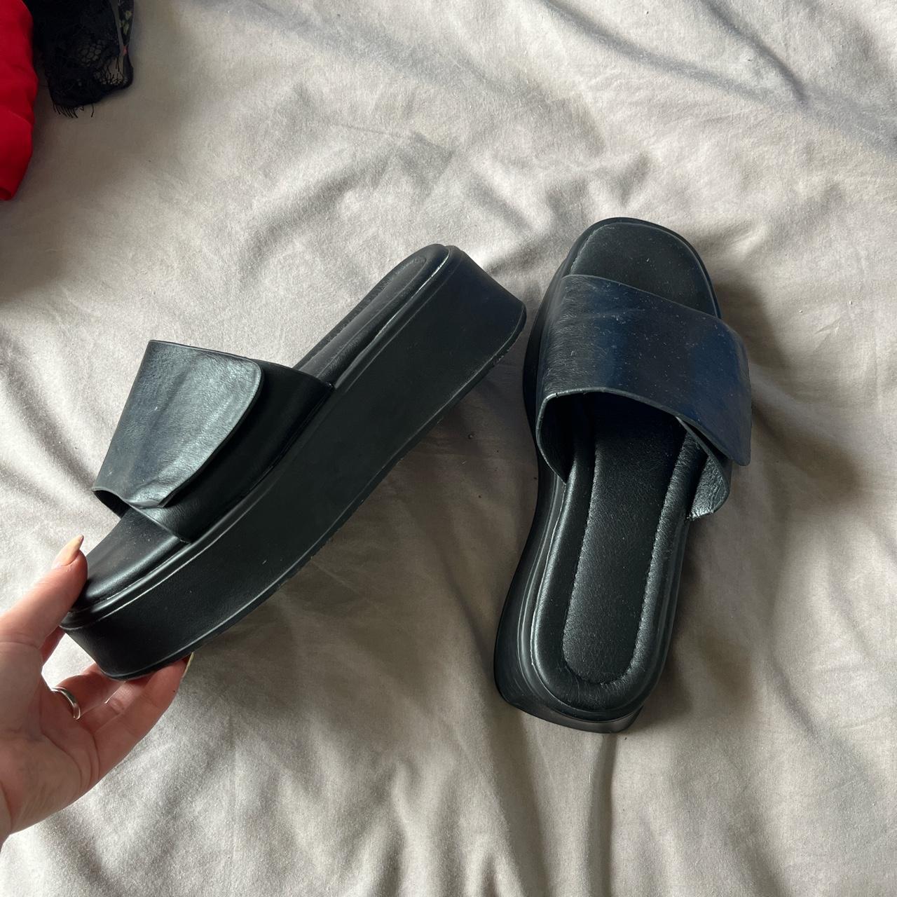 Cushioned flatform black slides Well worn Platform... - Depop