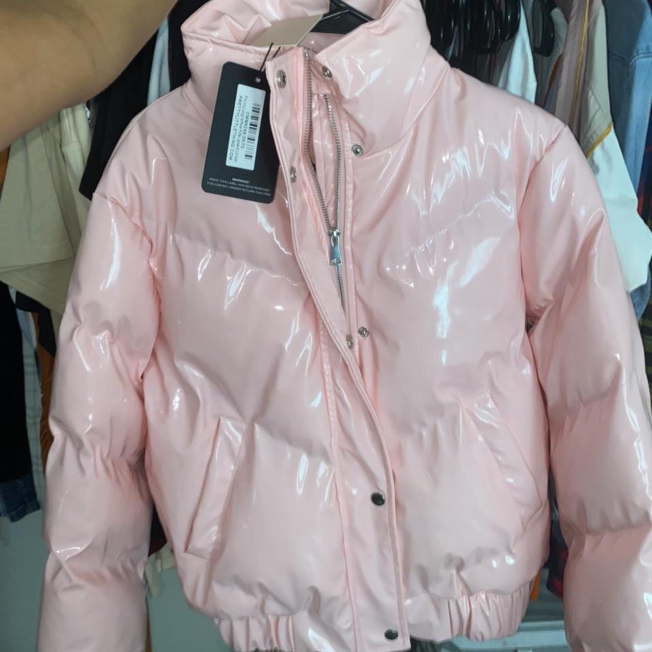 Pink puffer jacket Vinyl material but it doesn’t... - Depop