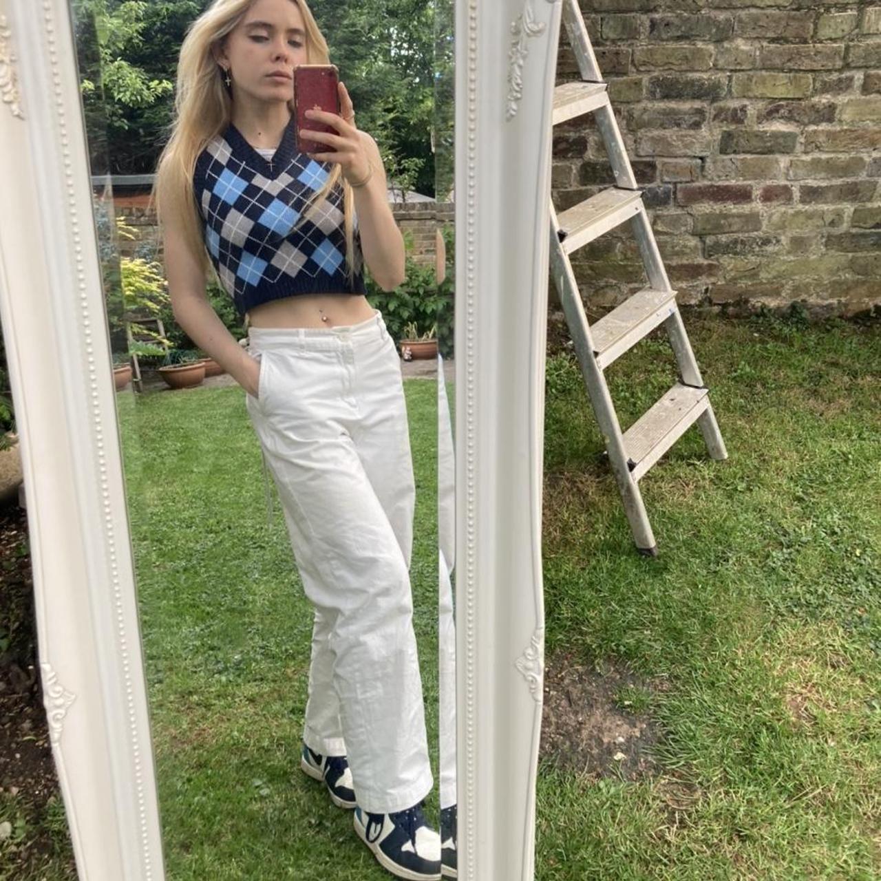 Super cute navy baby blue white knit cropped sweater... - Depop