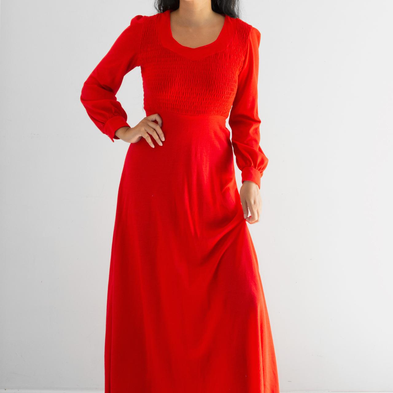 Vintage cherry red maxi dress with smock chest. Ties... - Depop