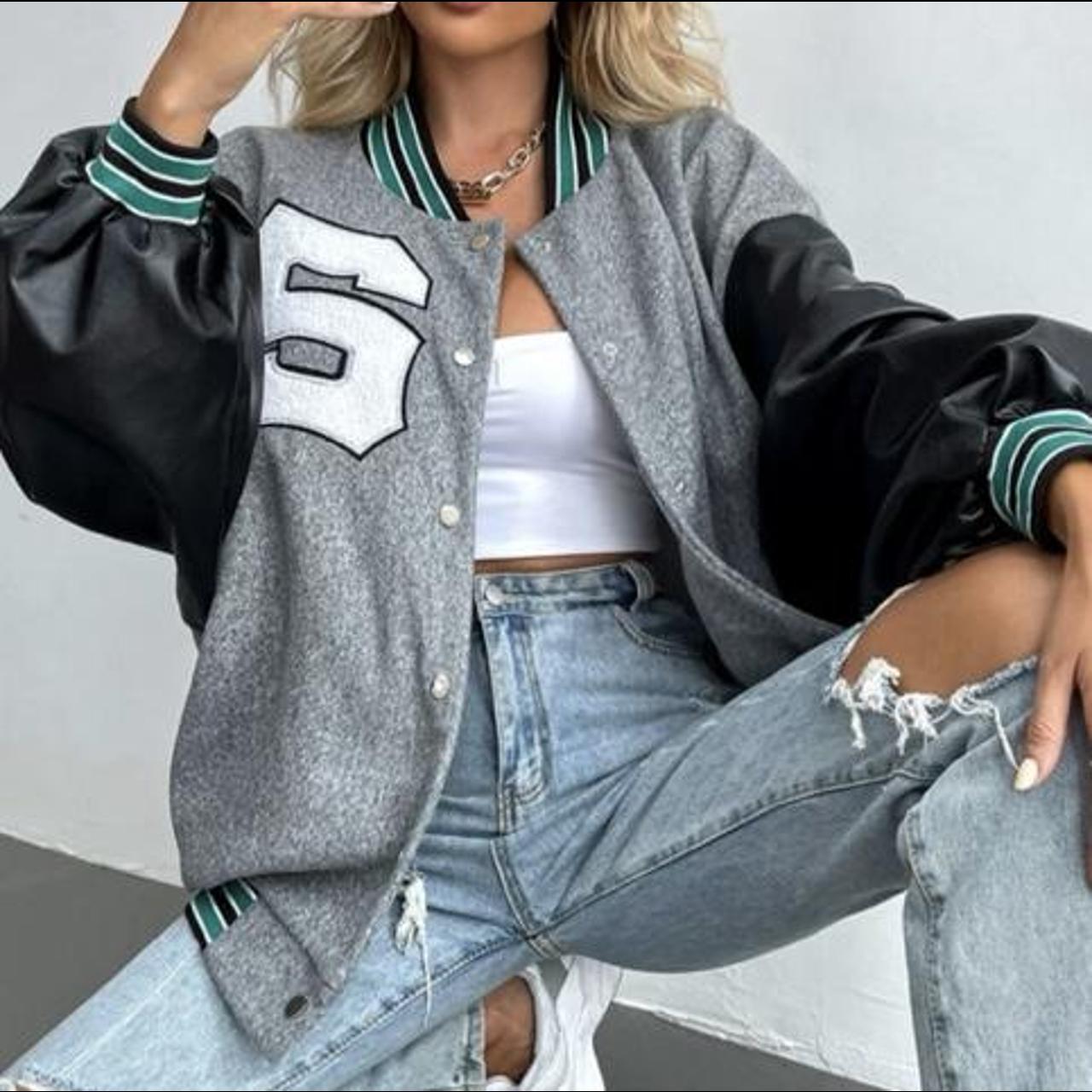 Cute Leather Varsity Jacket Perfect condition!... - Depop