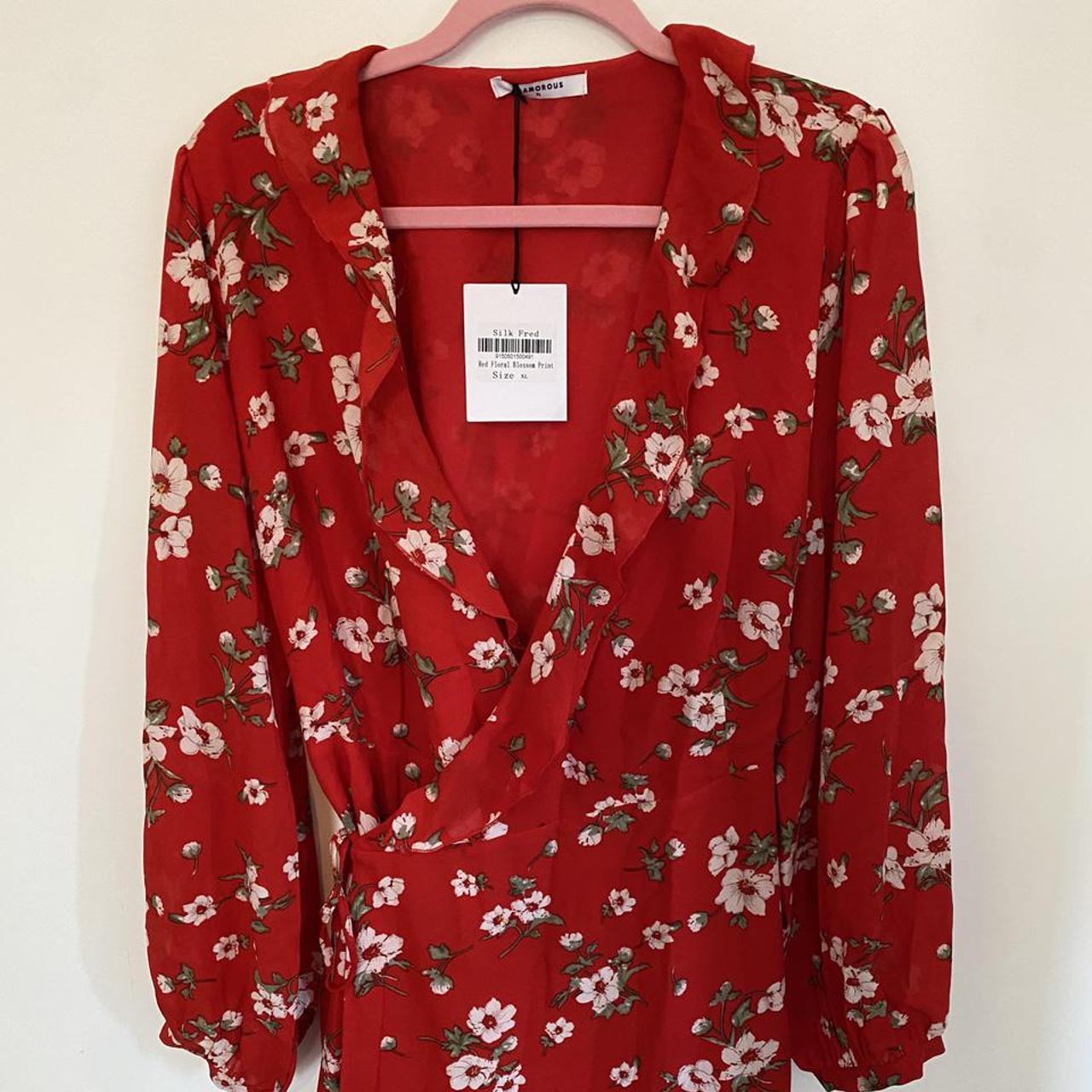 Glamorous/silk Fred, red floral blossom print tie... - Depop