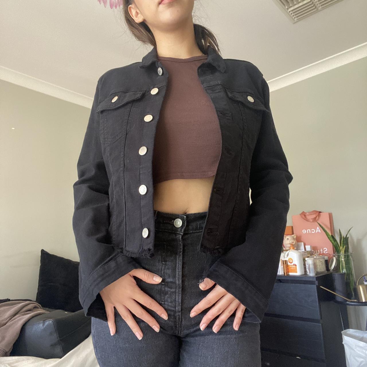 Black denim jacket Cropped Button down Raw... - Depop