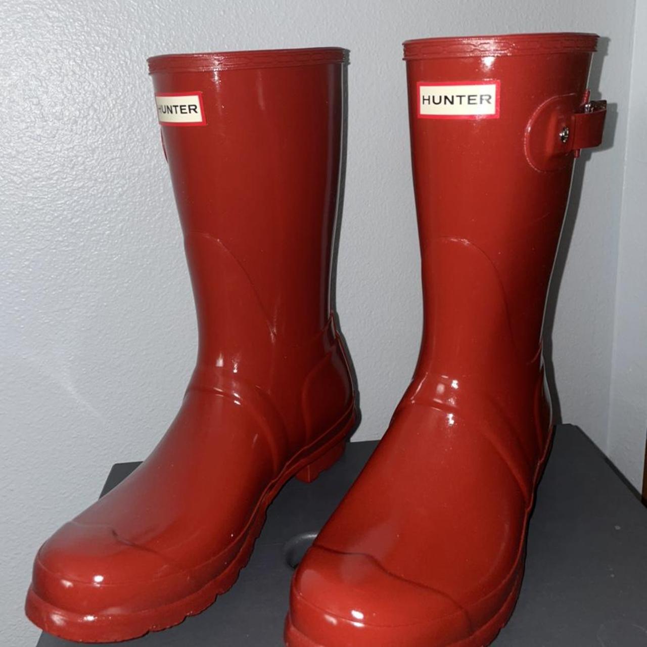 - bright red hunter boots - mid length - never... - Depop