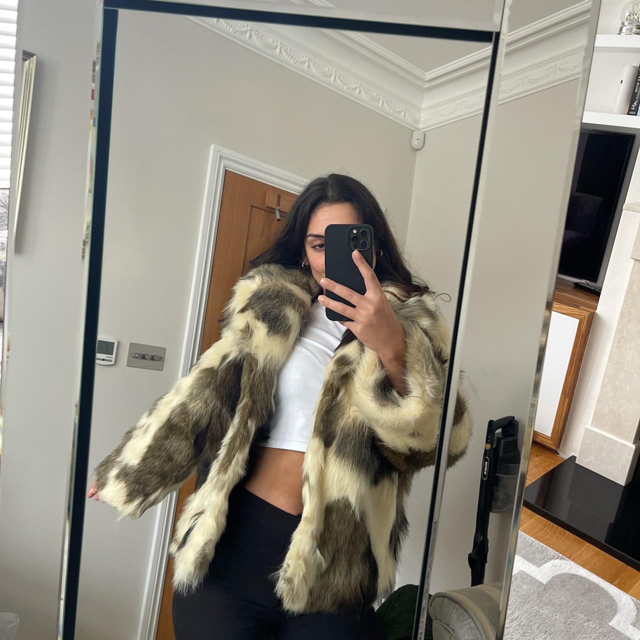 H&M cow print fur coat - slightly too big for me but... - Depop