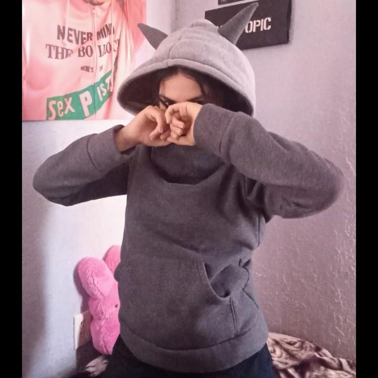 Grey Devil Horn Hoodie with Button-up neck collar As... - Depop