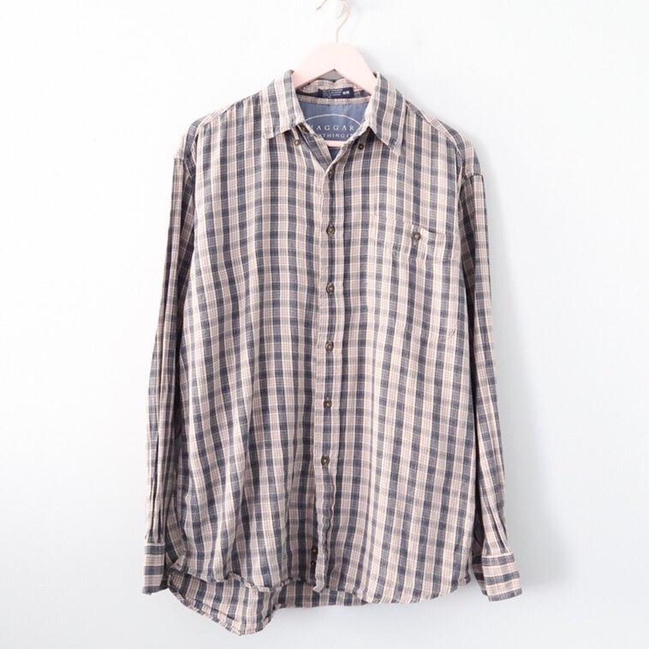 Men's vintage 90s button down beige and navy blue... - Depop