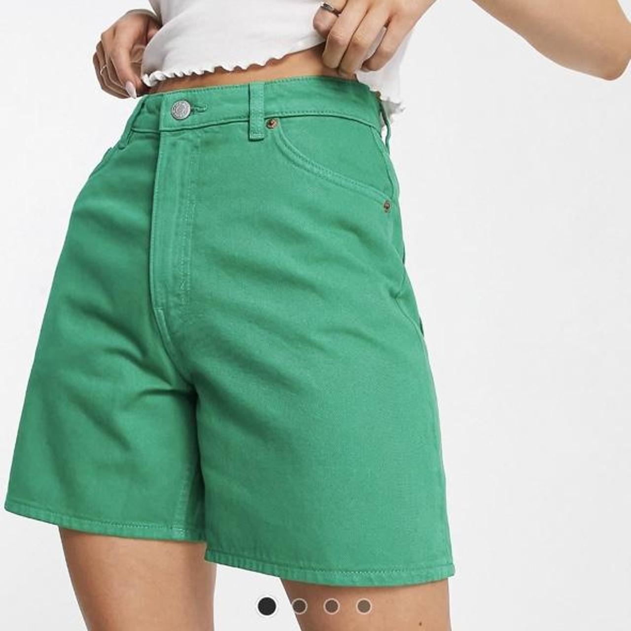 Monki bright green denim shorts High rise,... - Depop