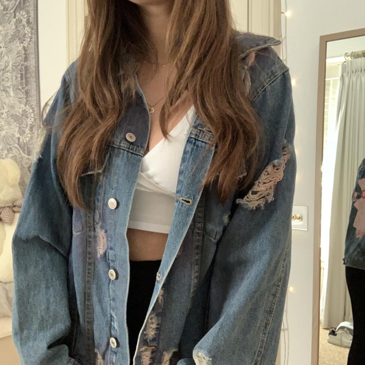 super cool oversized distressed denim jacket with... - Depop