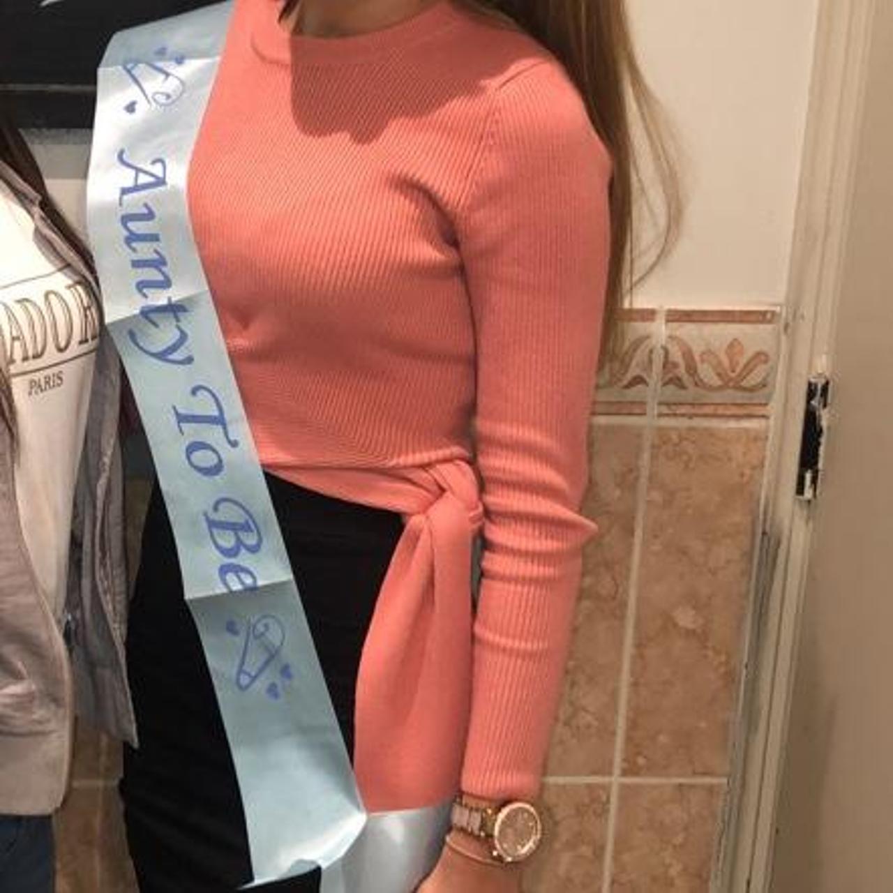 Salmon pink ribbed tie waist top Petite size fit... - Depop