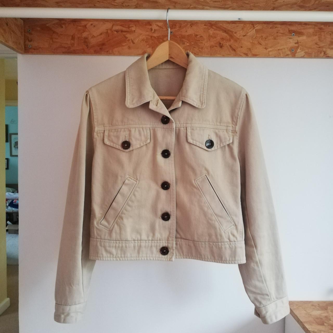 ASOS tan cropped denim jacket with brown buttons.... - Depop