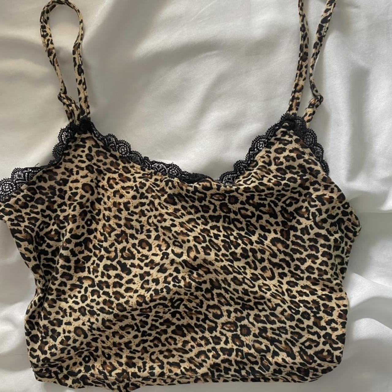 lace detail animal / leopard print cami crop top -... - Depop