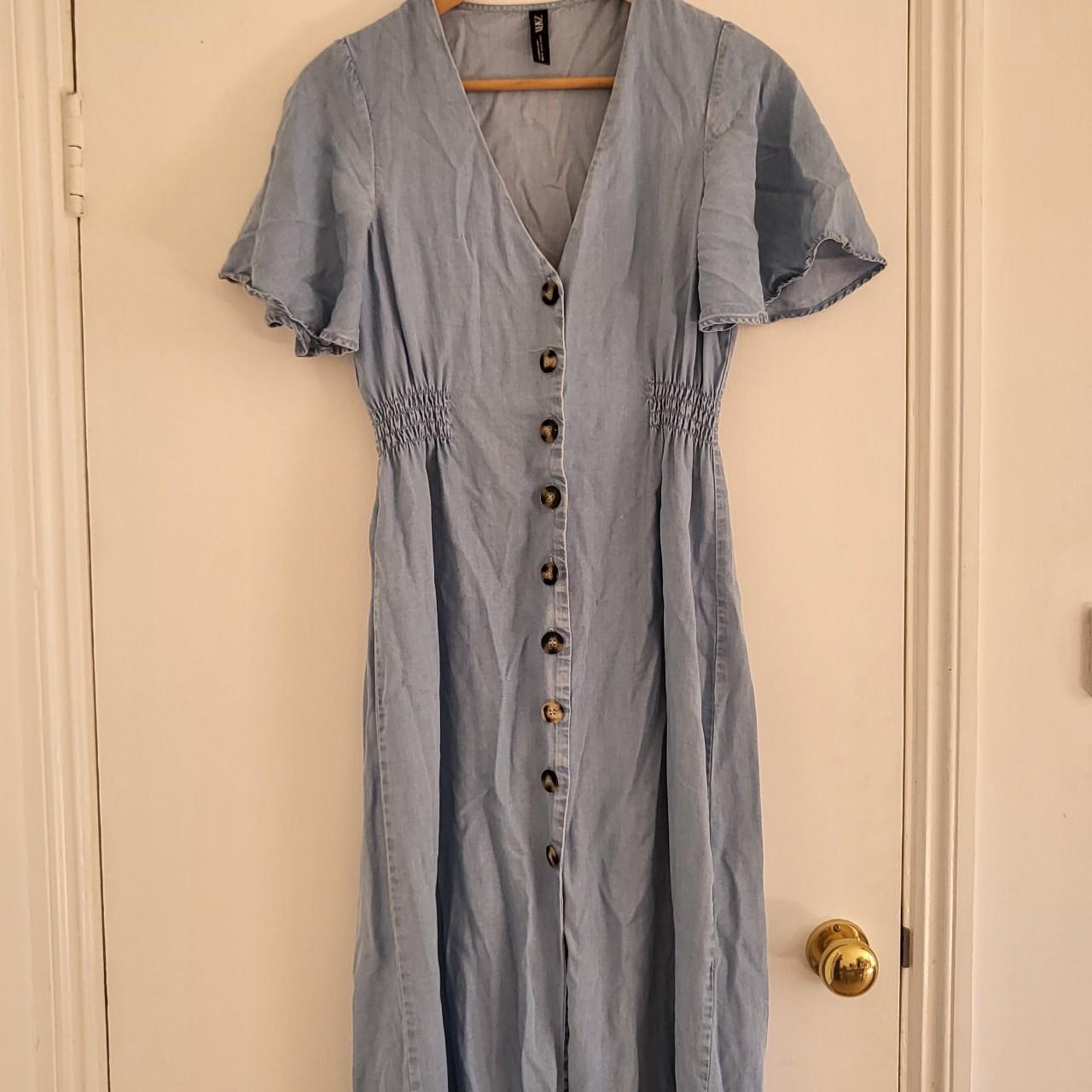 Denim light blue zara dress in size S small Nice... - Depop